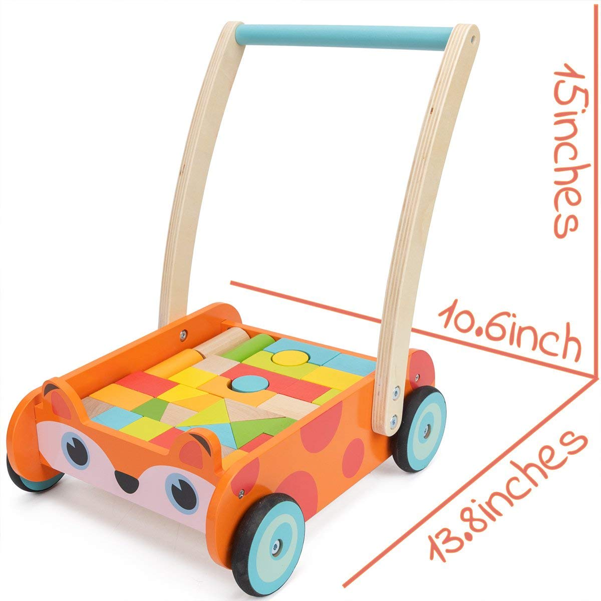 cossy Wooden Baby Learning Walker Toddler Toys for 1 Year Old and up, Fox Blocks and Roll Cart Push Toy (35 pcs) UPDATED VERSION