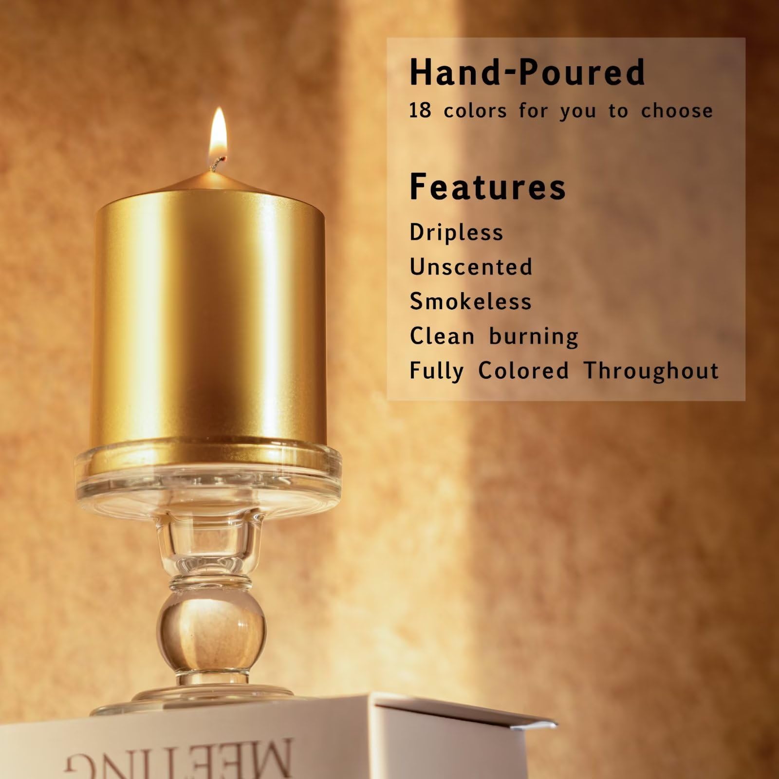 MOZEAL 3" x 4" Hand-Poured Unscented Gold Pillar Candles,Dripless Candles Set of 3,Smokeless,Clean Burning,Approx 60 Hours Burn Time,Wedding,Dinner,Christmas and Home Decor(3 Inch Width Series)