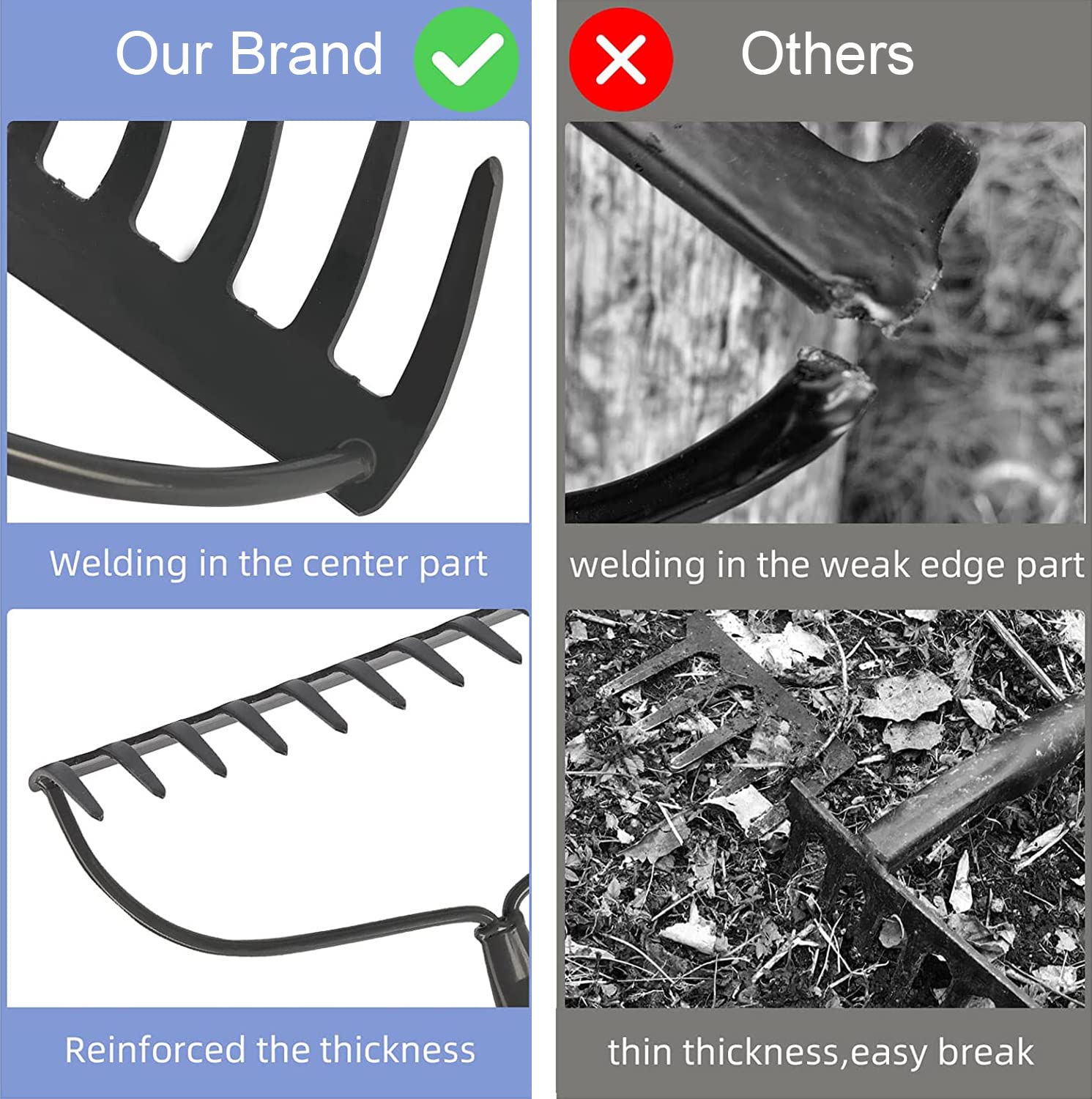 Garden Rake Heavy Duty Bow Rake with 60" Stainless Steel Handle Metal Rake for Lawn with 14 Tines