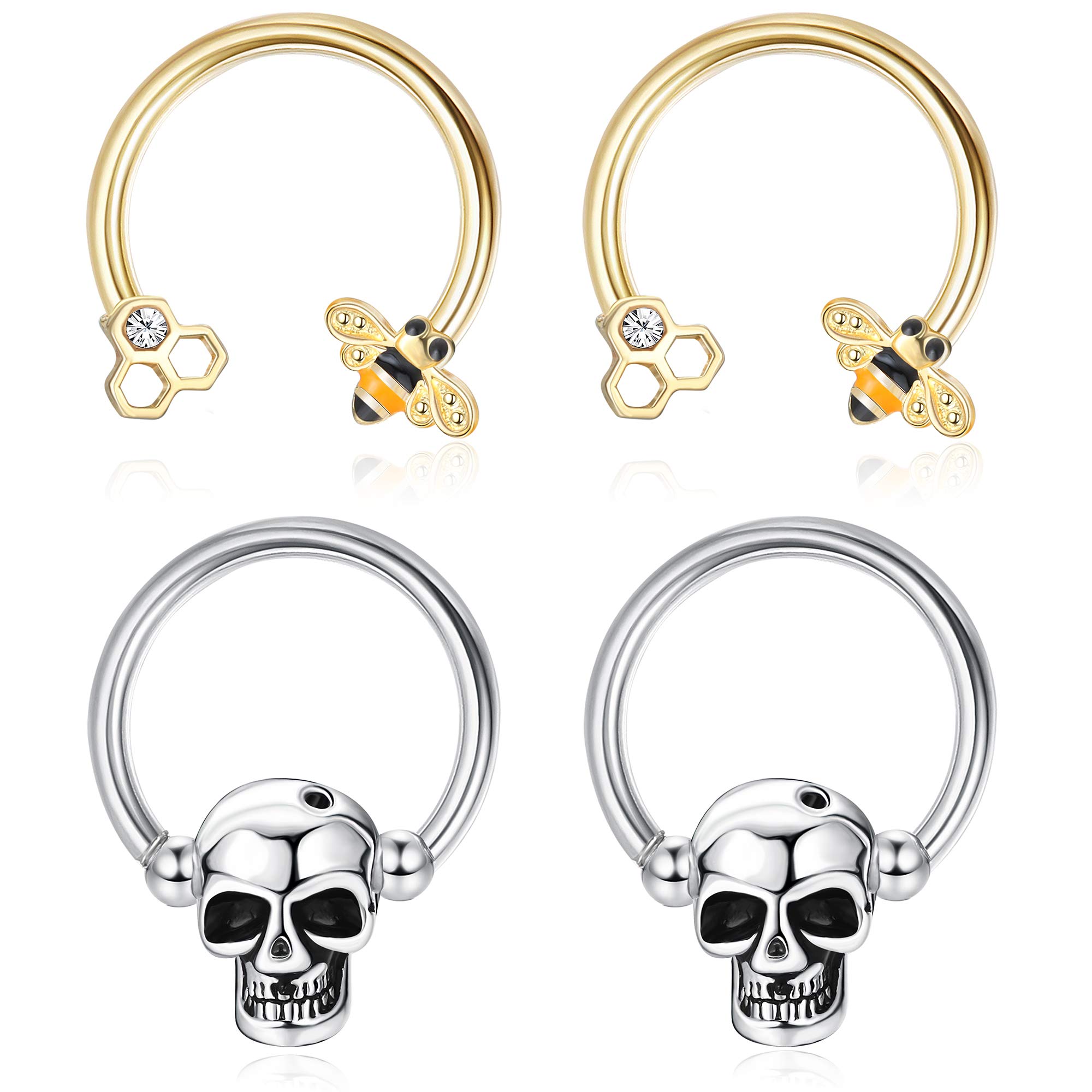 Drperfect 16G Skull Captive Bead Ring Bee Horseshoe Circular Barbell for Nipple/Earlobe/Cartilage/Daith/Septum