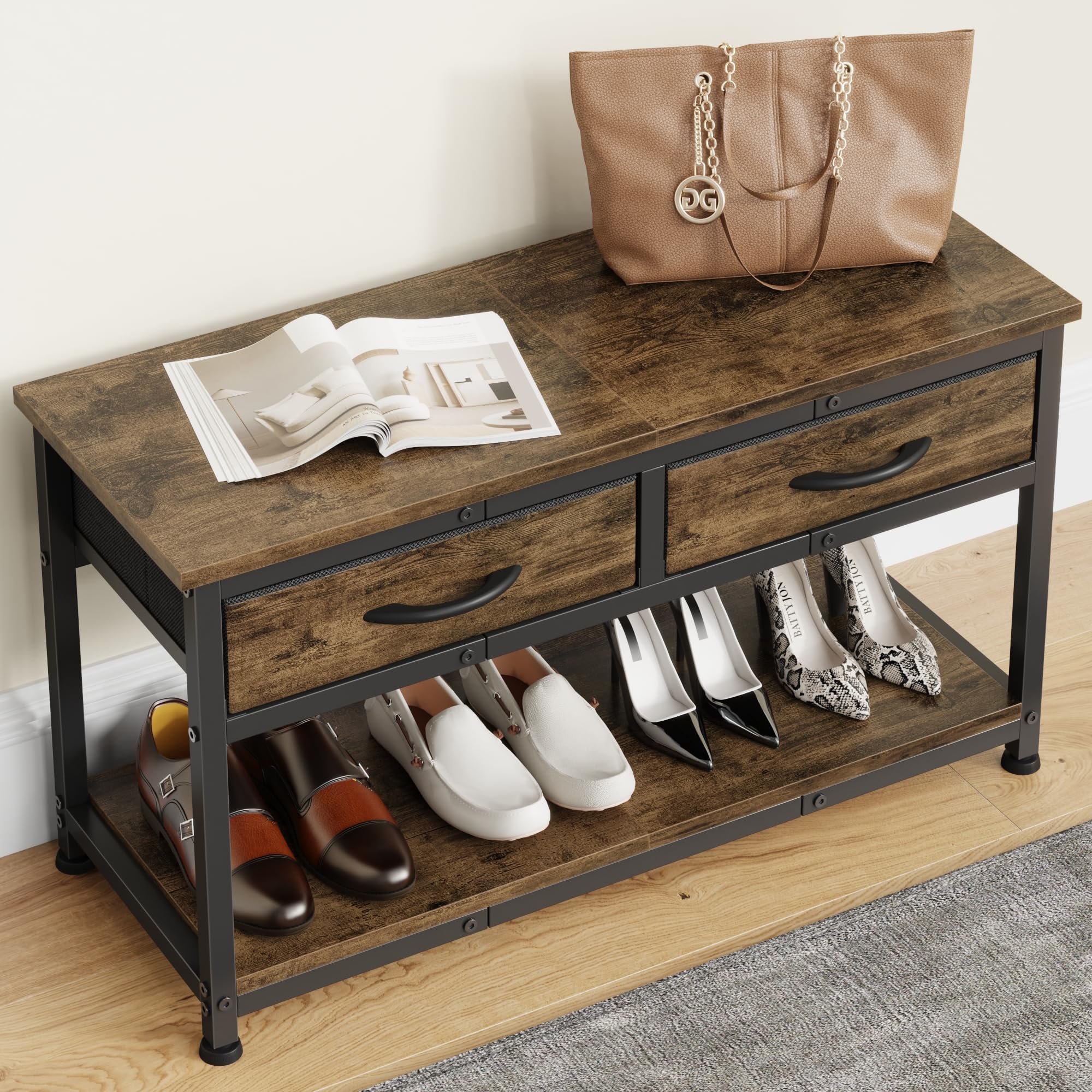 DSAFGGY Shoe Rack Bench with 2 Fabric Drawer, 2-Tier Entryway Bench with All-Wood Board, Stable Shoe Storage Bench with Seating Holds Up to 350 LB, Space Saving, Doorway, Rustic Brown