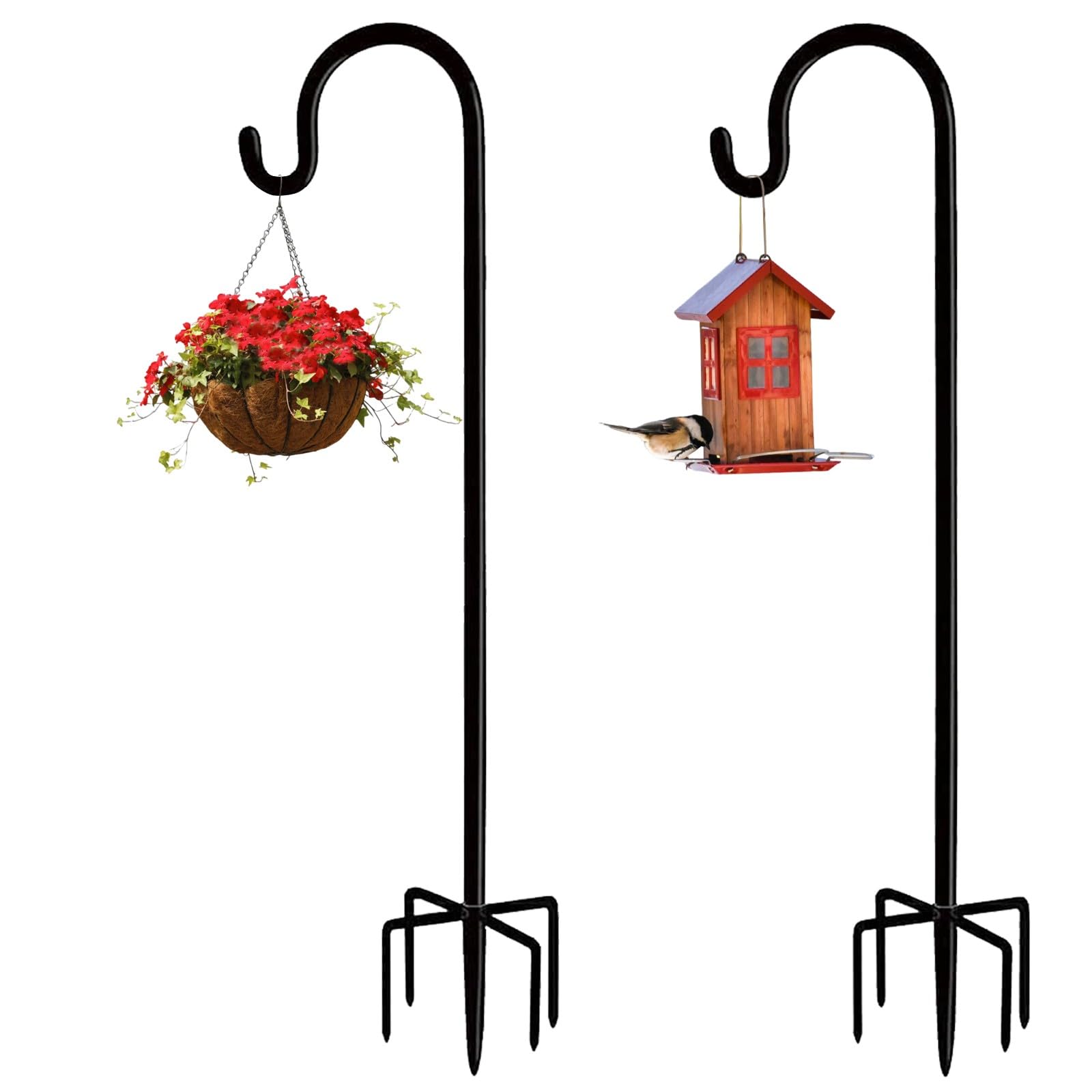Garden Shepherd Hook Outdoor with 5 Prong Base, Bird Feeder Pole Hanger Holder Stand, Adjustable Heavy Duty Solar Light Plant Lantern Hanger Holder, Wedding Decor Black