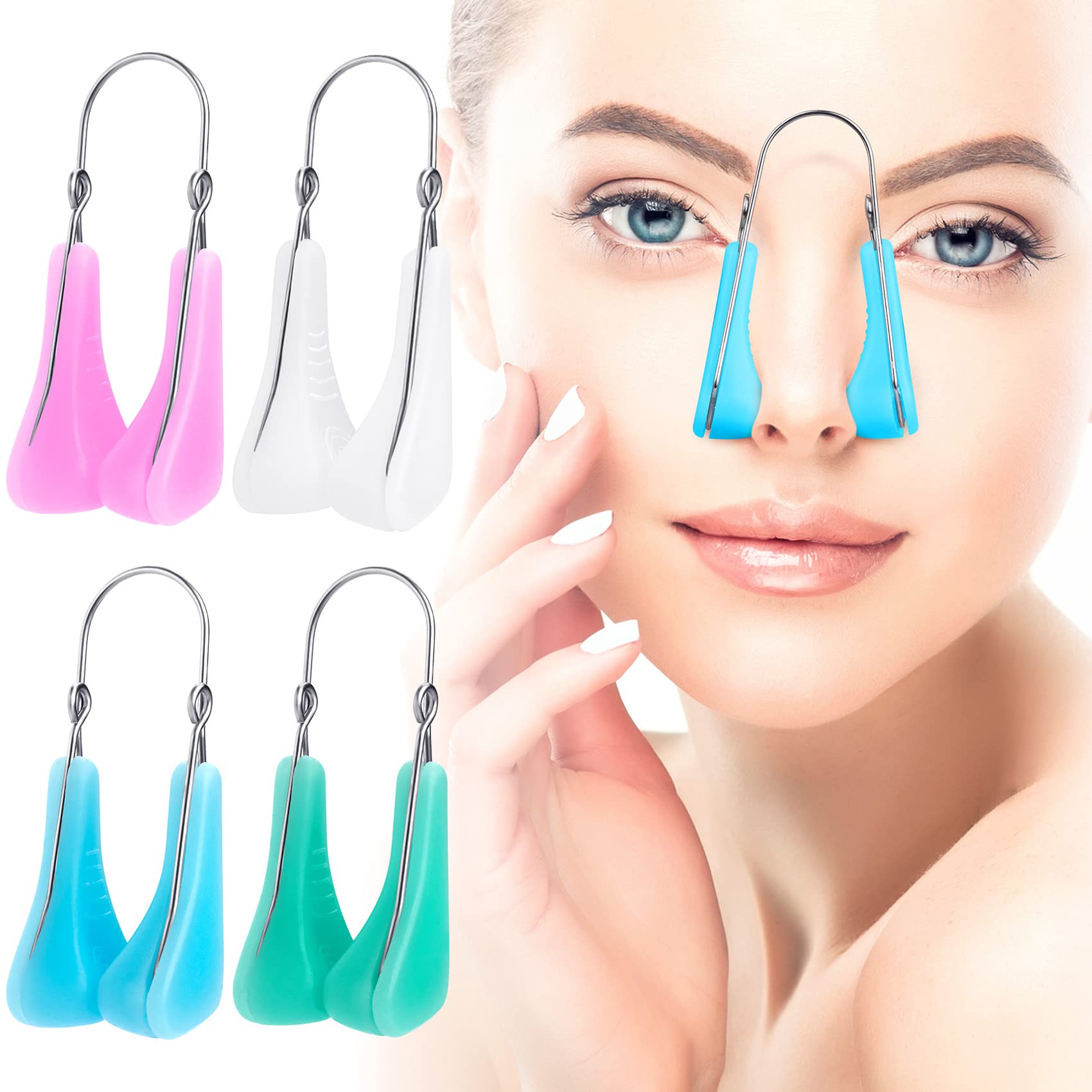 PAGOW 4 Pack Nose Shaper Lifter Clip, Soft Silicone Beauty Up Lifting Nose Shaperes, Wide Crooked Nose Corrector for Men, Women, Girls, Ladies (4 Color : Blue, White, Pink, Green)