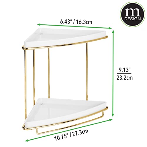 mDesign Steel/Plastic Freestanding Countertop Corner Shelf Organizer with 2-Tier Storage for Bathroom, Vanity, Cabinet, Counter - Holds Makeup, Bath Gel - Prism Collection - White/Soft Brass