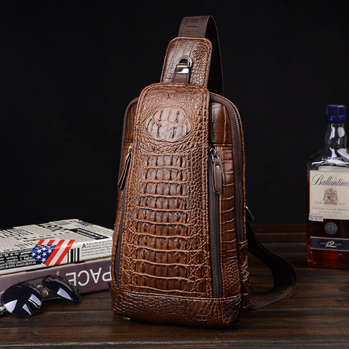 FiveloveTwo Mens Sling Bags Crocodile PU Shoulder Crossbody Chest Bag Satchels Hiking Daypack Dark Brown