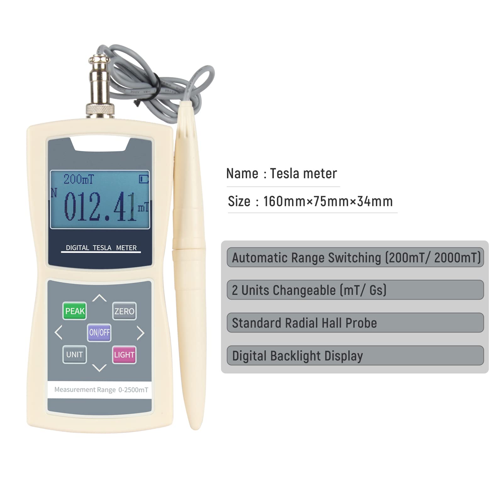 HOJILA Tesla Meter Gaussmeter Surface Magnetic Field Tester Measuring Range 0-2400mT (24000Gs)