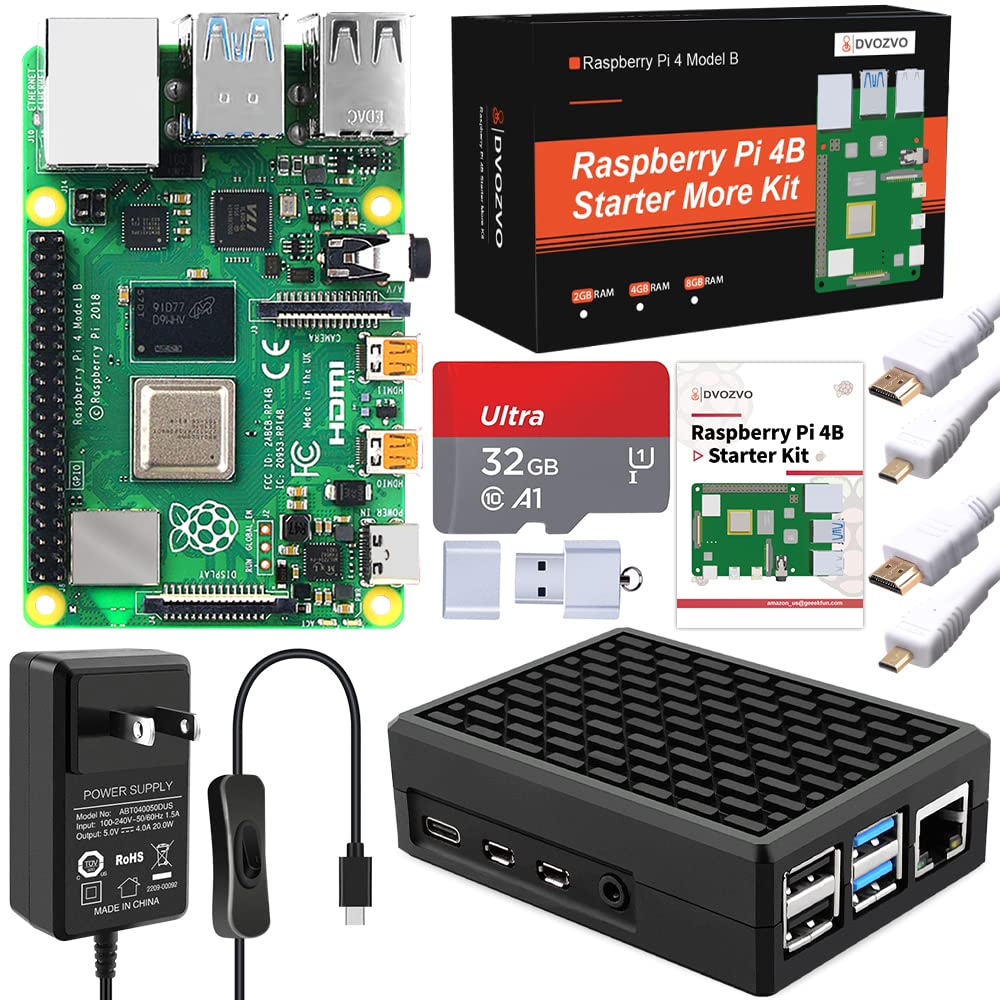 DVOZVO Raspberry Pi 4 2GB Starter Kit, 5V 4A Raspberry Pi 4 Power Supply with ON/Off Switch,Raspberry Pi 4 Aluminum Case,4K HDMI Cables for Raspberry Pi 4B - 32GB Edition (2GB RAM)