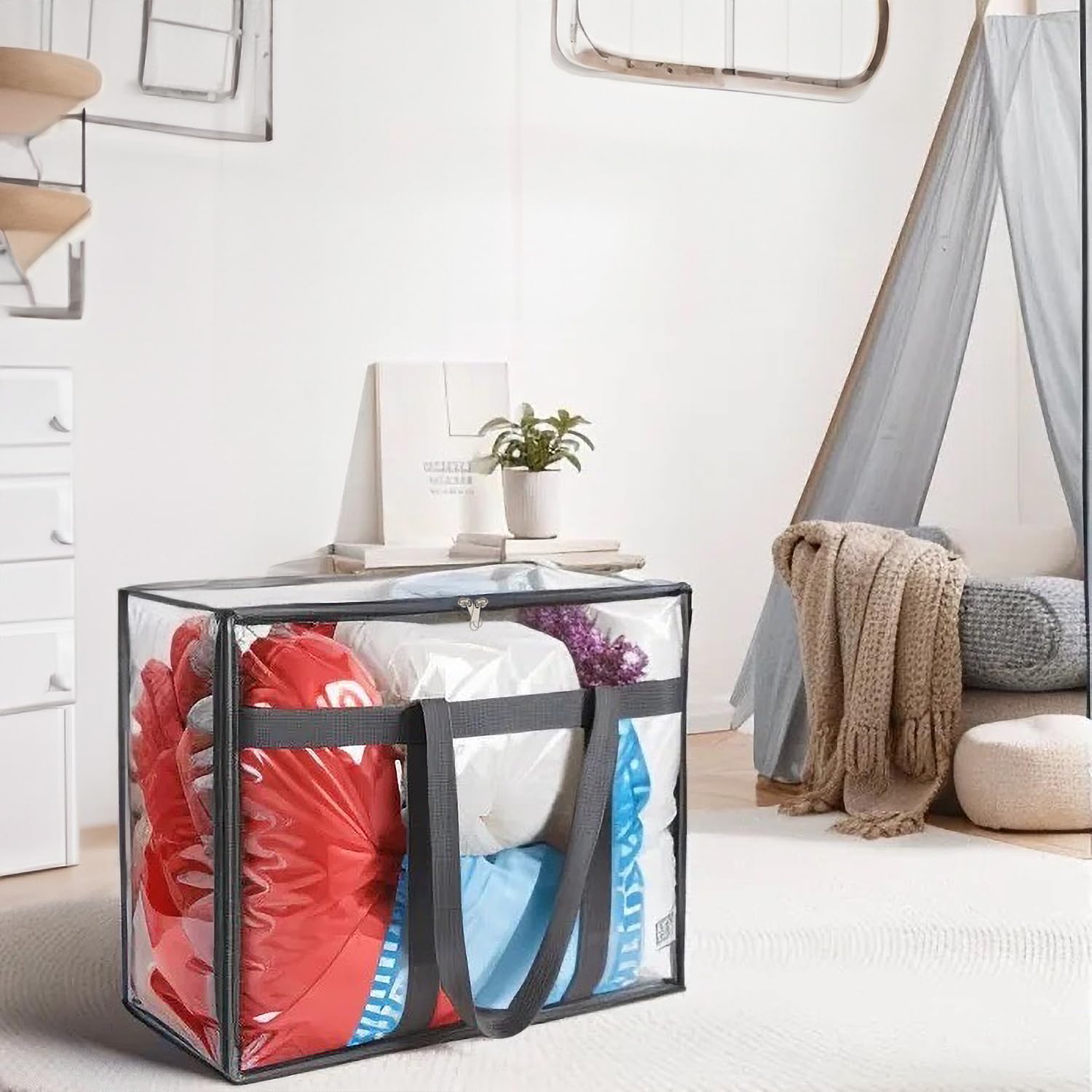 Mr Hsiung & Mrs 3 PACK Clear Clothes Storage Bags with Sturdy Zippers and Reinforced Handle Plastic Moving Totes for Comforters, Blankets, Linen, Bedding, Duvet, Pillows, Sweaters, Quilts
