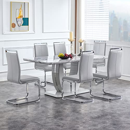JUFU Modern Dining Table Set for 6,Rectangula Kitchen Table Set with Faux Marble Tabletop&6 Pu Leather Upholstered Chairs Ideal for Dining Room, Kitchen (Light Grey, 1 Table with 6 Chairs)