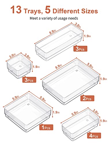 SMARTAKE 13-Piece Drawer Organizer with Non-Slip Silicone Pads, 5-Size Desk Drawer Organizer Trays Storage Tray for Makeup, Jewelries, Utensils in Bedroom Dresser, Office and Kitchen, Clear