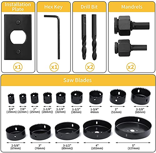 Hole Saw kit, Jellas 20PCS Hole Saw Set with 14Pcs Saw Blades, General Size 3/4" to 5", 2 Mandrels with Drill Bits, 1 Installation Plate, 1 Hex Key, 1 Storage Case, Ideal for Wood, PVC Board, Plastic