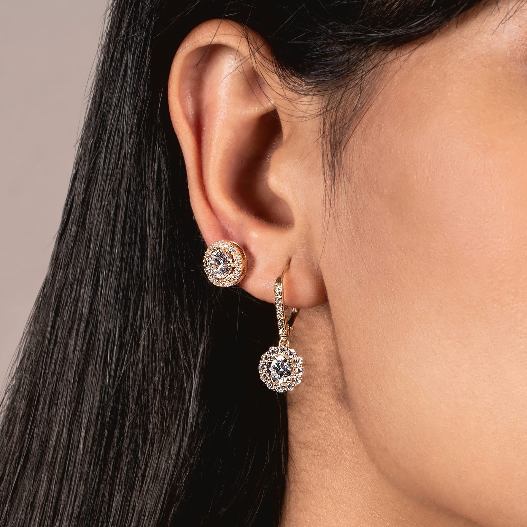 Everyday Elegance 14K Solid Yellow Gold Stud Earrings Round "Halo" Cubic Zirconia Screw Back Posts 1.20 CTW With Gift Box