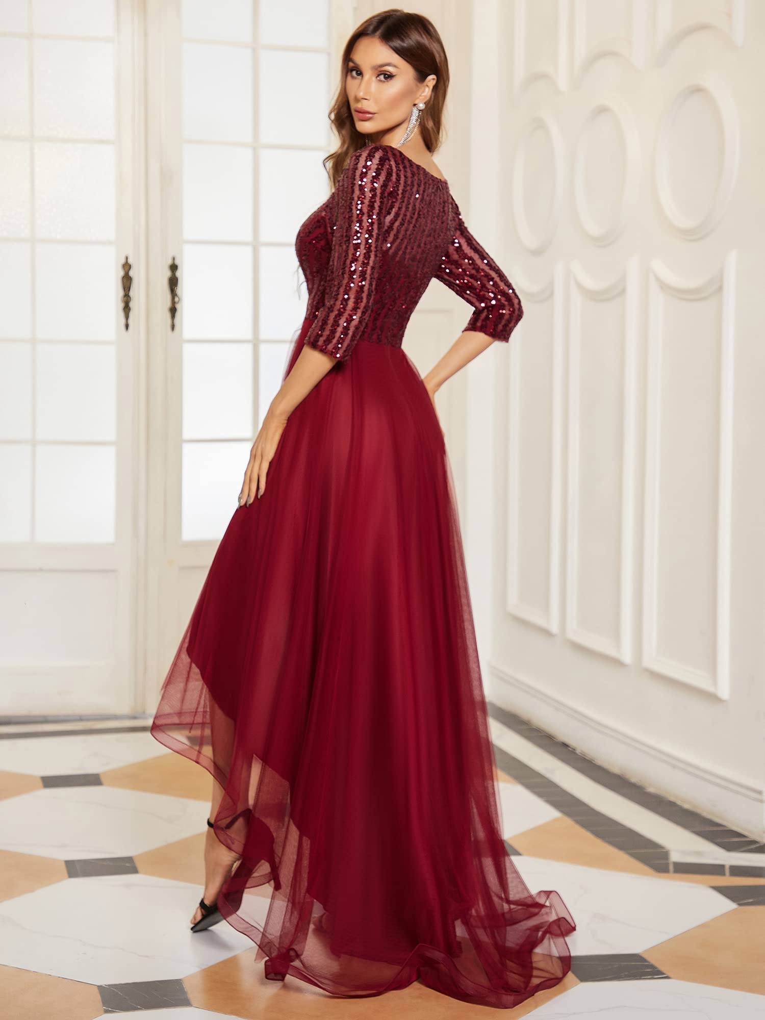 Ever-Pretty Women's High Low A-Line Sequin 3/4 Sleeve Tulle Evening Party Dress Burgundy US4