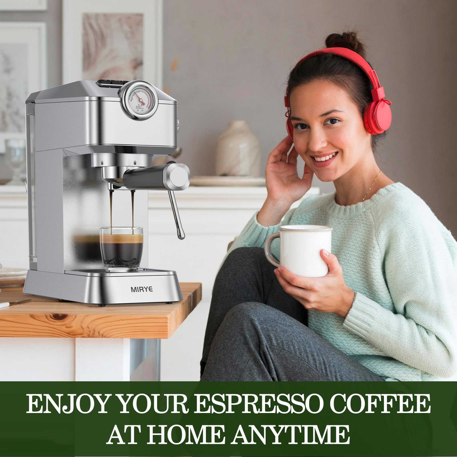 MR MIRYE Espresso Machine, 20 Bar Stainless Steel Espresso Maker Silver Coffee Machine for Home or Office With Removable Water Tank, Measuring Spoon, Brewing Filter, Milk Cup, Milk Frother Steam Wand