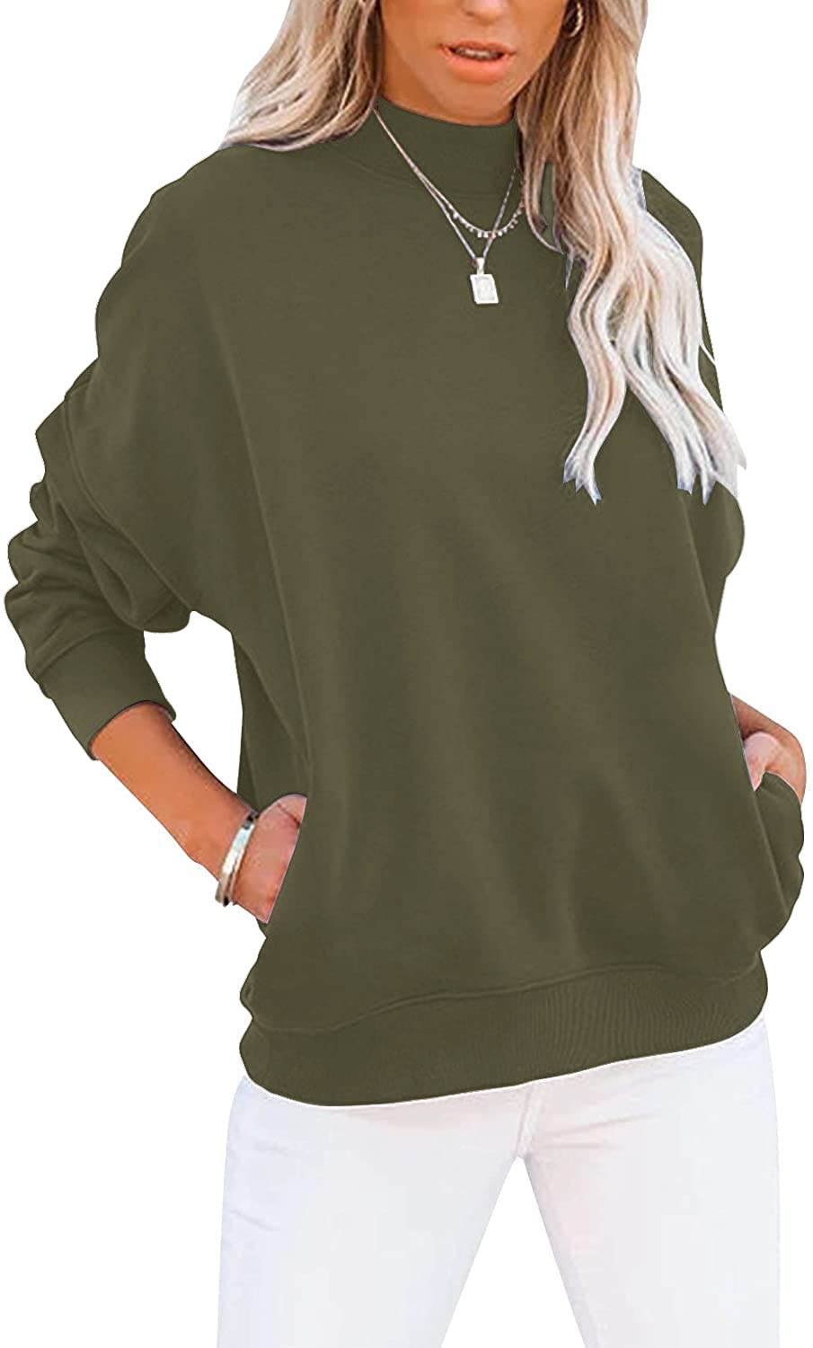 Ezbelle Casual Long Sleeve Crewneck Sweatshirt For Women Lightweight Sweater Pullover Cute Tunic Tops Pockets Army Green Medium