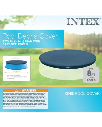 INTEX 28020E 8-Foot Round Easy Set Pool Cover – Includes Rope Tie – Drain Holes – 12in Overhang – Snug Fit