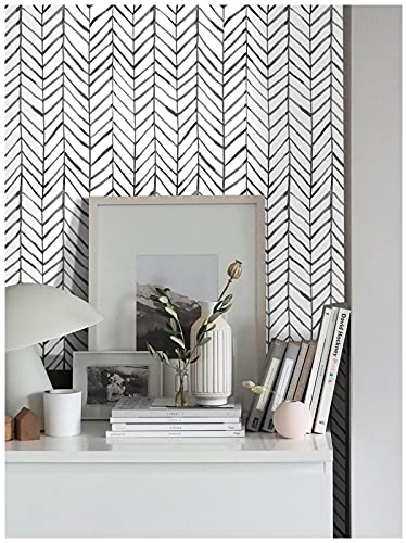 HAOKHOME 96020-1 Boho Stripe Peel and Stick Wallpaper Herringbone Black White Vinyl Self Adhesive Room Decor Contact Paper 17.7in x 9.8ft