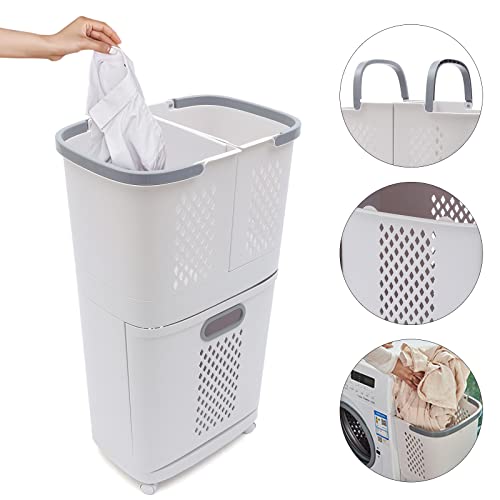 Movable Household Double Laundry Basket Bathroom Clothes Storage Basket with Wheels and Handles Washing Cloths Storage Hamper for Bedroom, Laundry Room, Bathroom