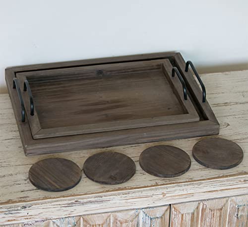Juleduo Rustic Wooden Serving Trays with Handle-Set of 2-Decorative Nesting Food Board Platters 4 Coasters,for Breakfast Kitchen Ottoman Coffee Table