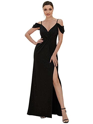 Ever-Pretty Women's V-Neck Ruched Sparkle Short Sleeves Summer Evening Dress for Women Black US6