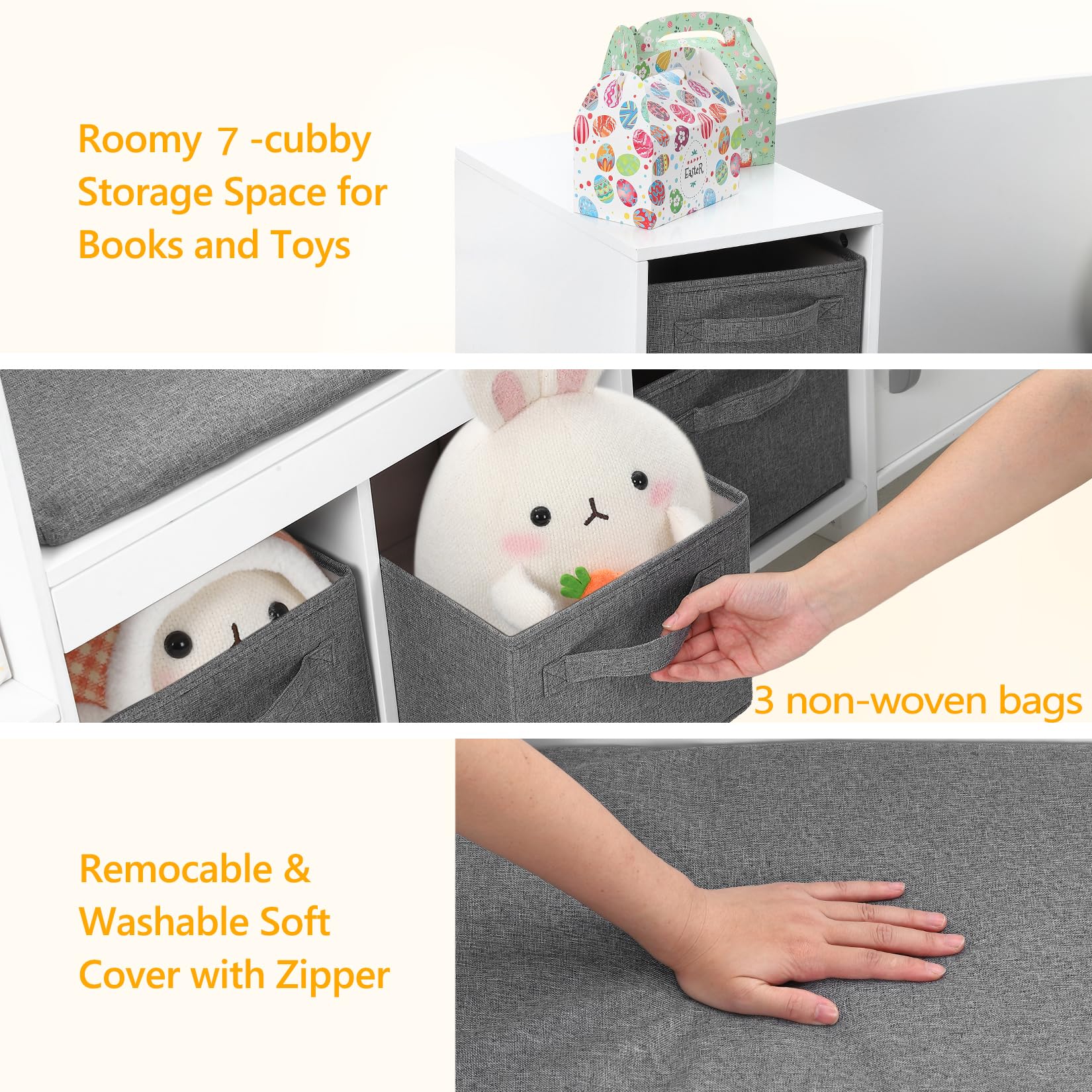 Kids Bookshelf with Reading Nook, Bookcase with Detachable Cushion ,Storage Organizer with Book Rack for Bedroom, Playroom, Gift for Boys and Girls, White
