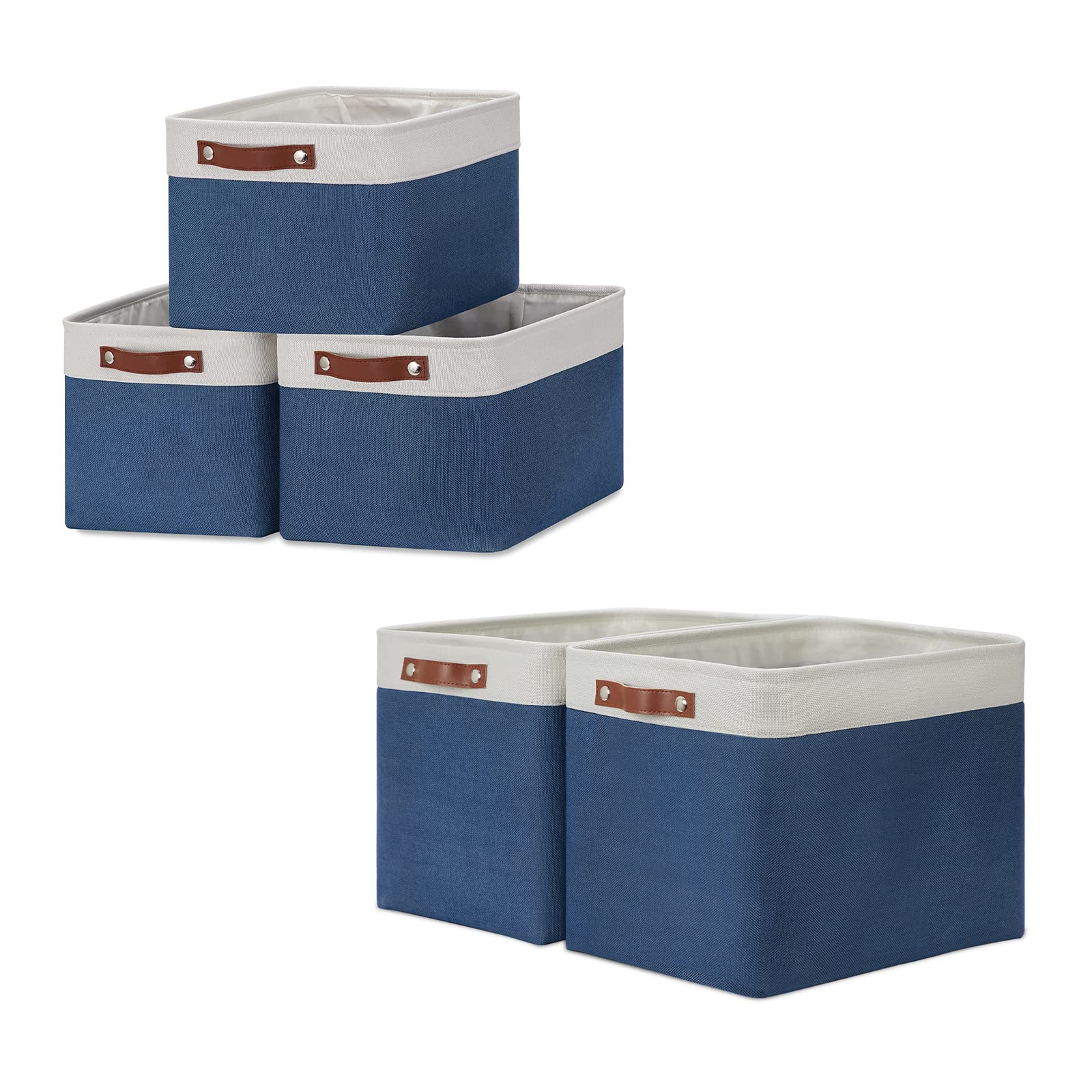 DULLEMELO Collapsible Bundle Baskets 3 Medium Baskets 15"x11"x9.5" + 2 Large Baskets 16"x12"x12"(White&Blue)