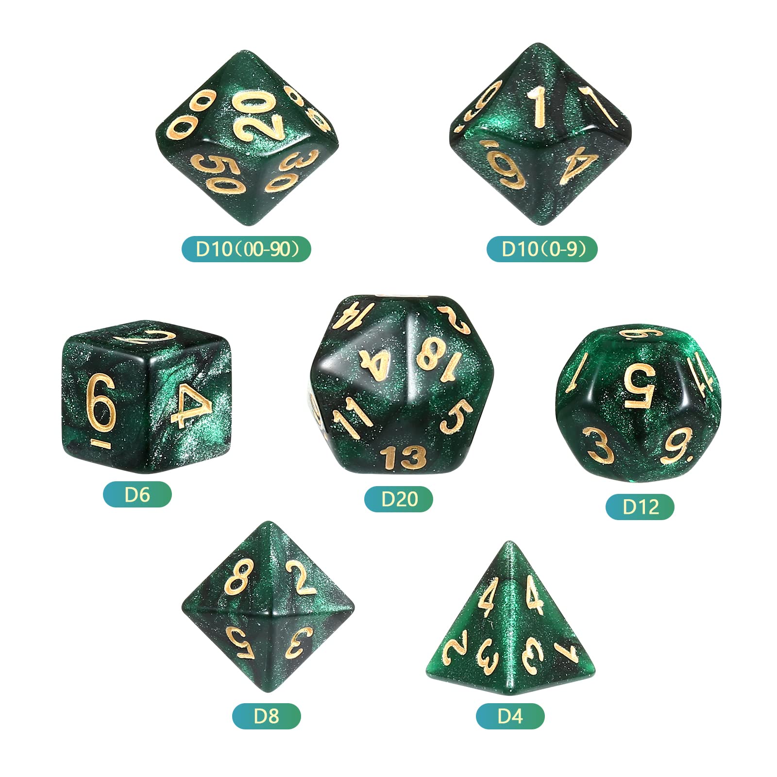 Encham 42 Pieces DND Dice Set, Polyhedral Dice with Animals Drawstring Bags, Translucent Color with Glitter Dice Set for Dungeons and Dragons, Table Games, Role Playing Games, MTG(6 Sets, 7pcs/Set)