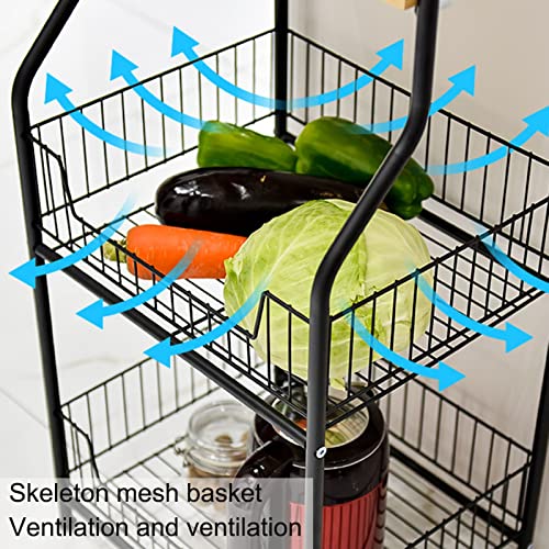 POCHY Multipurpose Kitchen Storage Wagon Rolling Grocery Cart with Metal Mesh Drawers,Wooden Countertop Pulley Storage Trolley Home Office Shelves Black