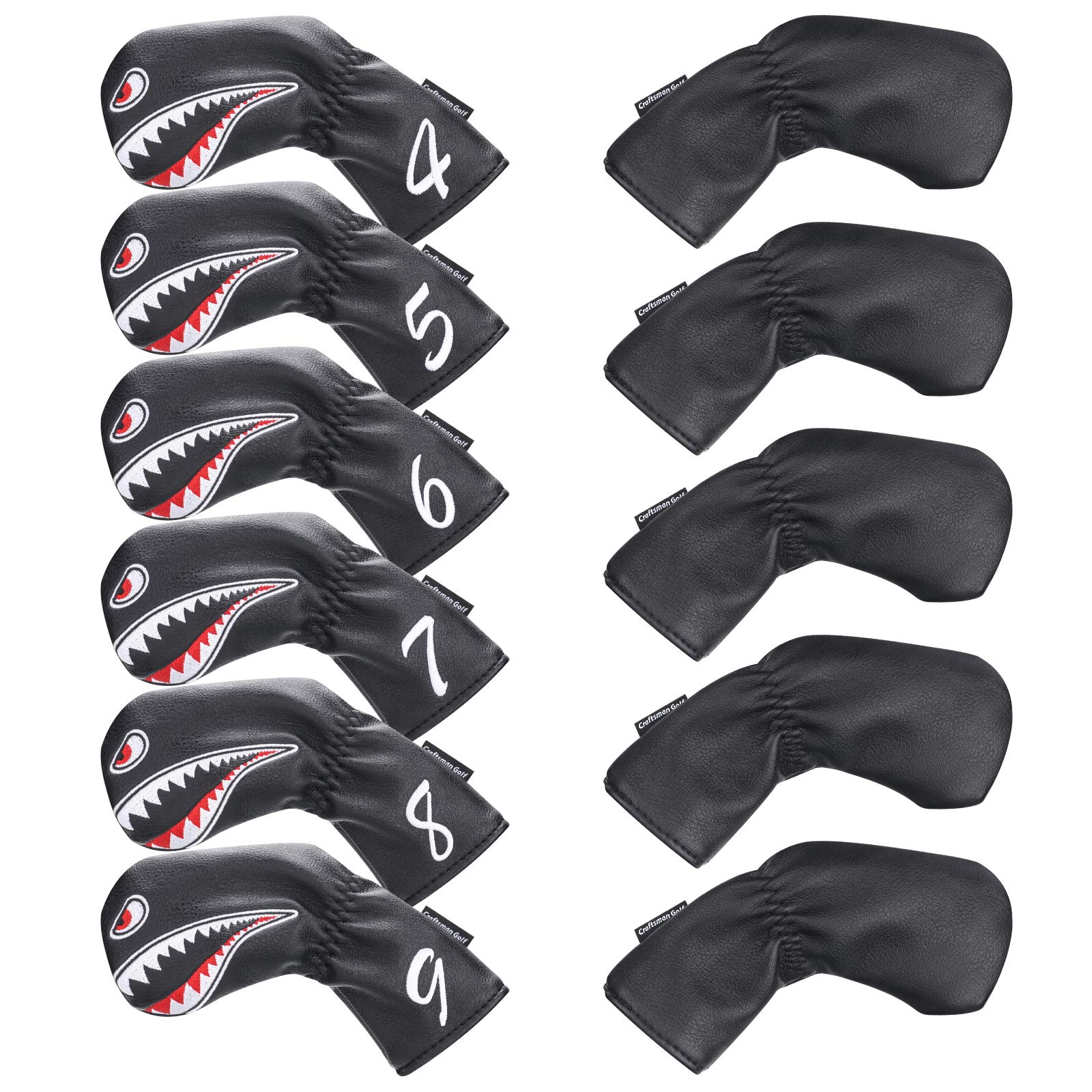 Craftsman Golf 11pcs(4-9,P,A,S,L,X) Shark Sock Iron Headcover Set Long Neck Protector