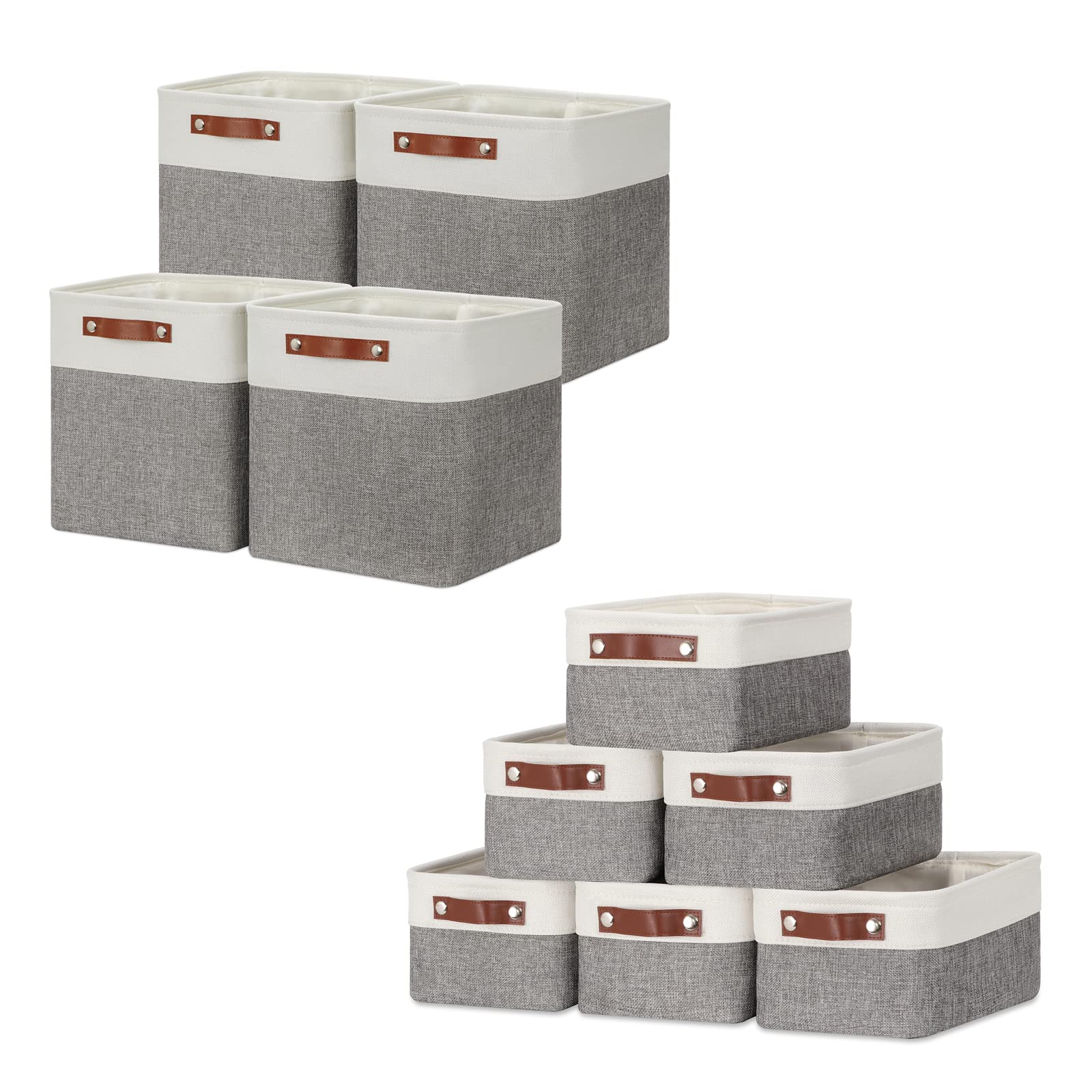 DULLEMELO Collapsible Bundle Baskets 4 Cube Baskets 12"x12"x12" + 6 Small Baskets 11.8"x7.9"x5.1"(White&Grey)