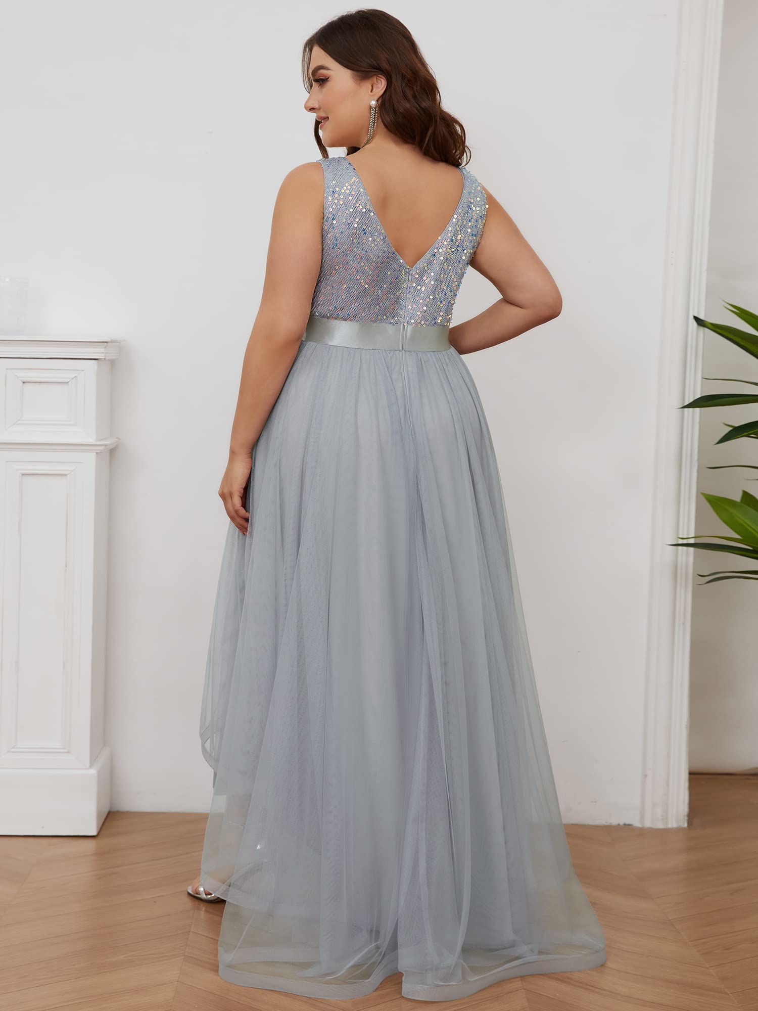 Ever-Pretty Womens Double V Neck A Line High Low Sequin Tulle Plus Size Formal Dresses for Curvy Women Silver US16