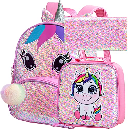 gxtvo 3PCS Unicorn Backpack for Girls, Toddler Sequin Preschool Bookbag, 12.5" Cute Cartoon Animal Schoolbag