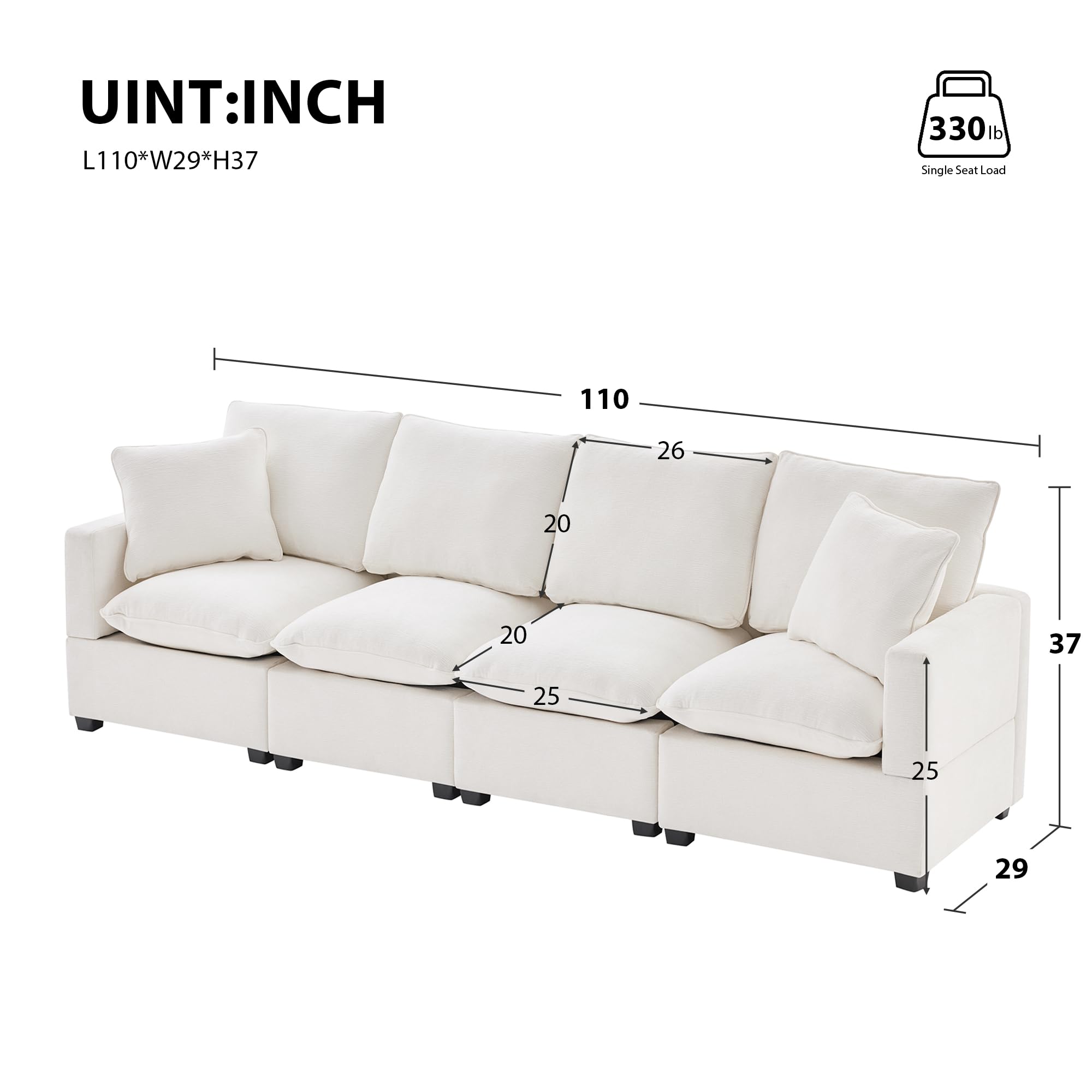 KIVENJAJA Modular Sectional Couch, Modern Chenille 4-Seater Cloud Comfy Sofa with Pillows for Living Room Apartment Office, 110”W, White