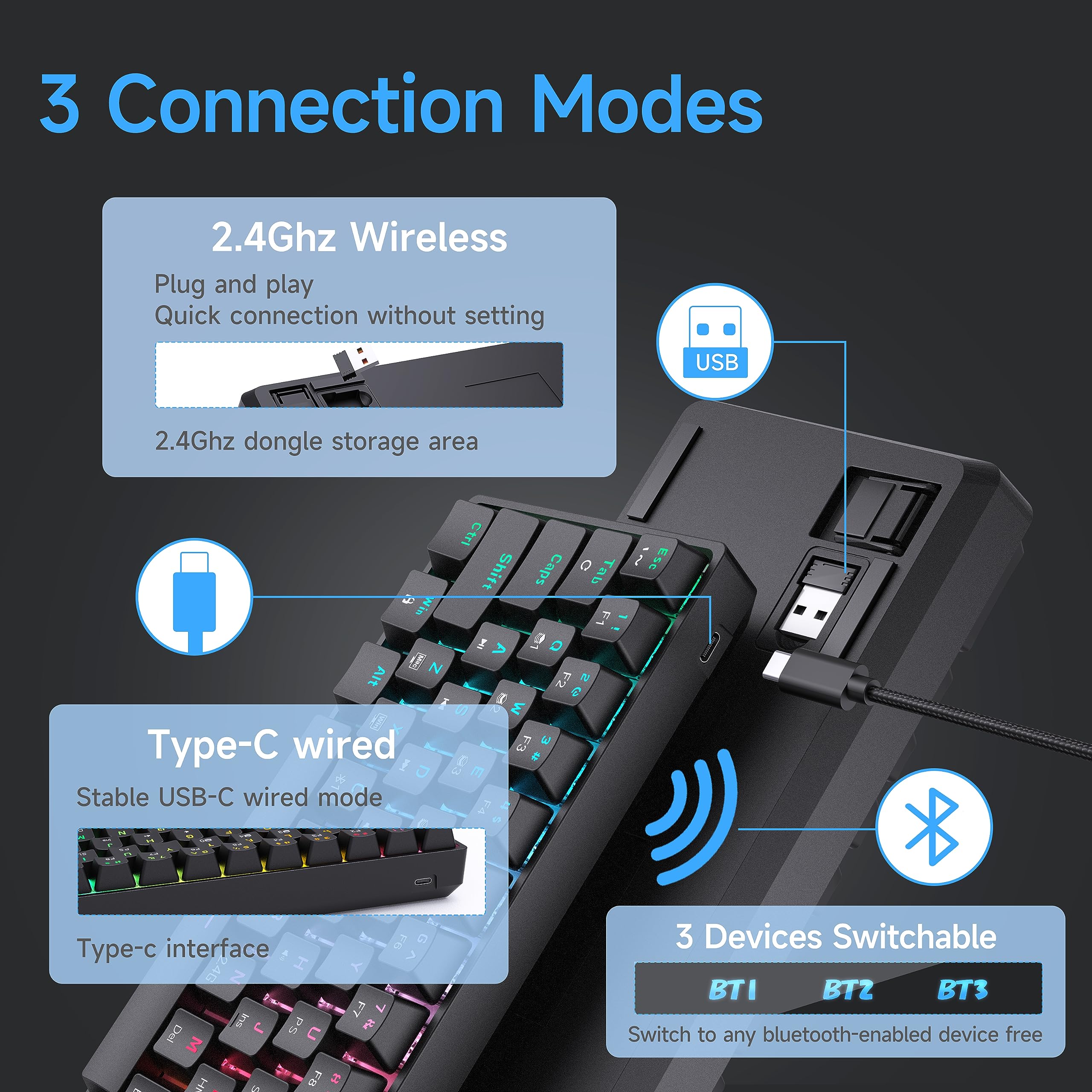 DIERYA DK63 60% Wireless Mechanical Gaming Keyboard, RGB Backlit with Arrow Keys Wired Bluetooth Keyboard, 63 Keys Compact Mini Keyboard Full Key Programmable, Easy to Carry on Trip -Red Switch