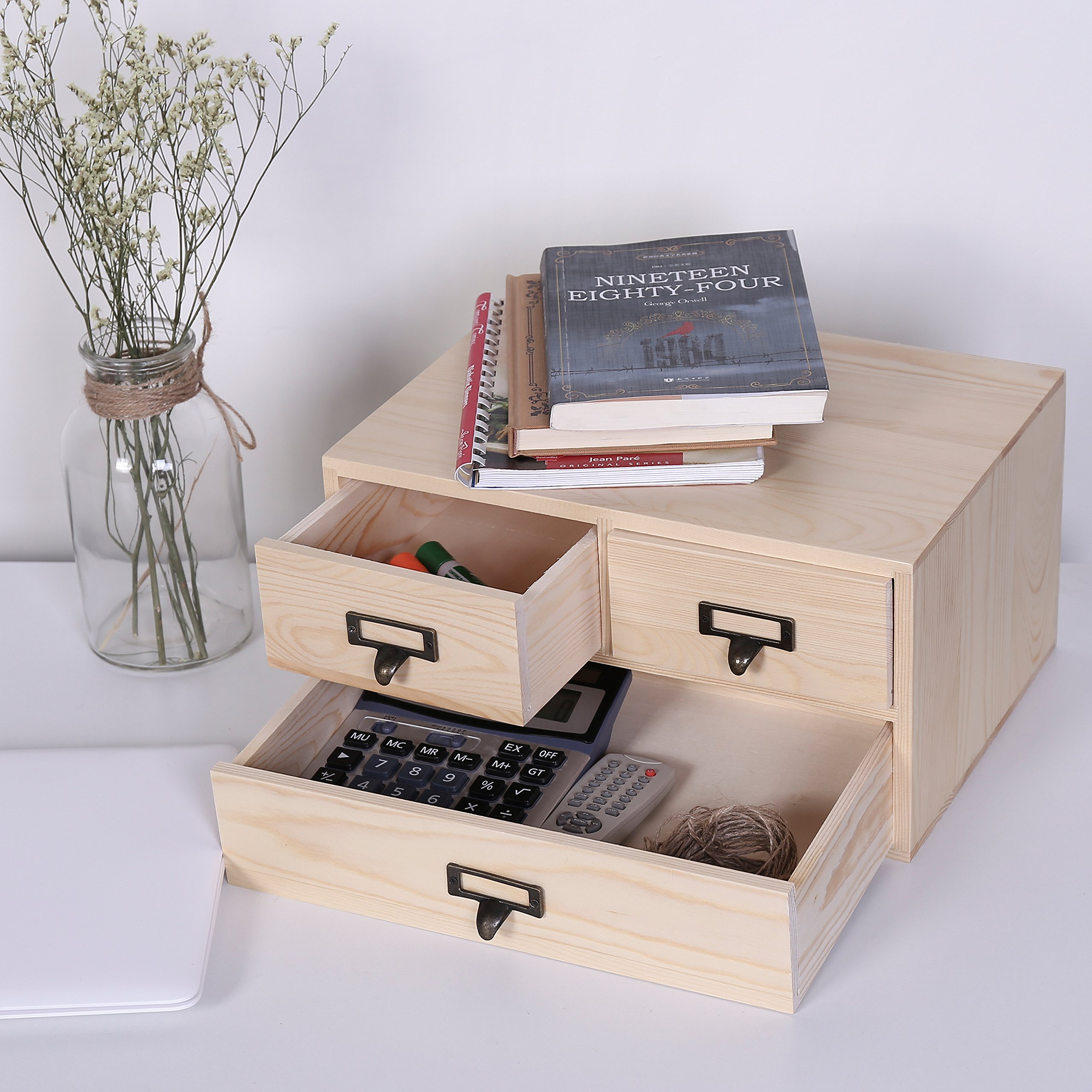 MyGift Natural Beige Wood Desktop Storage Cabinet with 3 Drawers, Small Wooden Box Organizer for Office Supplies, Sewing Kits and Accessories