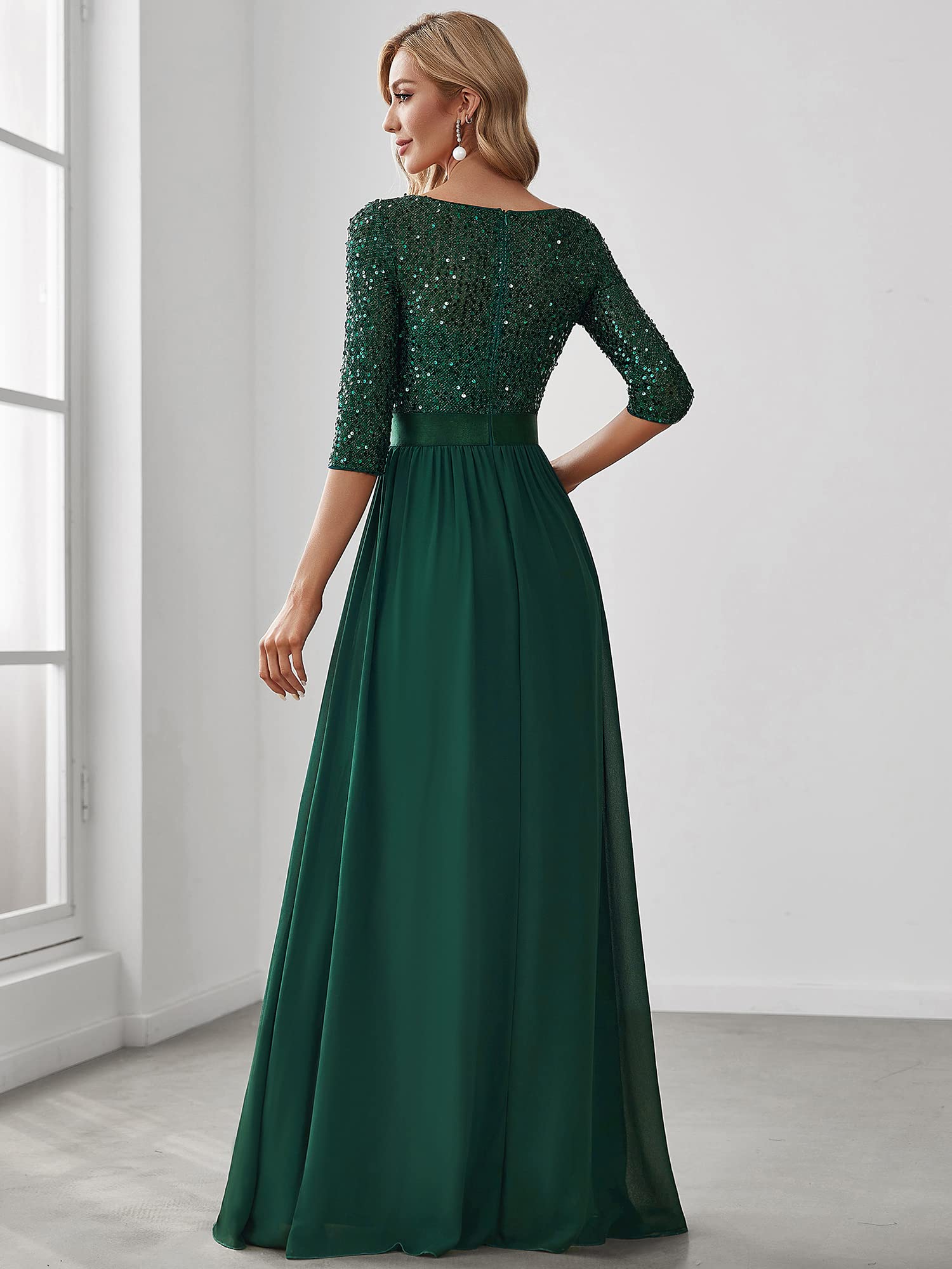 Ever-Pretty Women's Elegant A Line Crew Neck Half Sleeve Sequin Maxi Evening Dress Dark Green US14