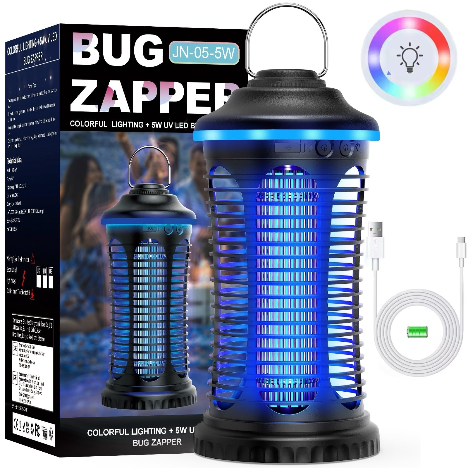 HumiLife Rechargeable Bug Zapper Outdoor & Indoor, Mosquito Fruit Fly Trap, Gnat Moths Catcher, 4200V Grid, USB Charging, 4000mAh Battery, Fit for Home, Kitchen, Backyard, Camping, Patio, Black