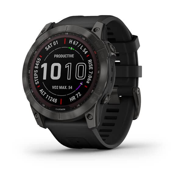 Garmin Fenix 7X Sapphire Solar Edition Smart Watch Carbon Gray Titanium with Black Band (51mm) + Watch Charging Stand + USB Car/Wall Adapter + 6TH AVE Cleaning Kit (010-02541-10)