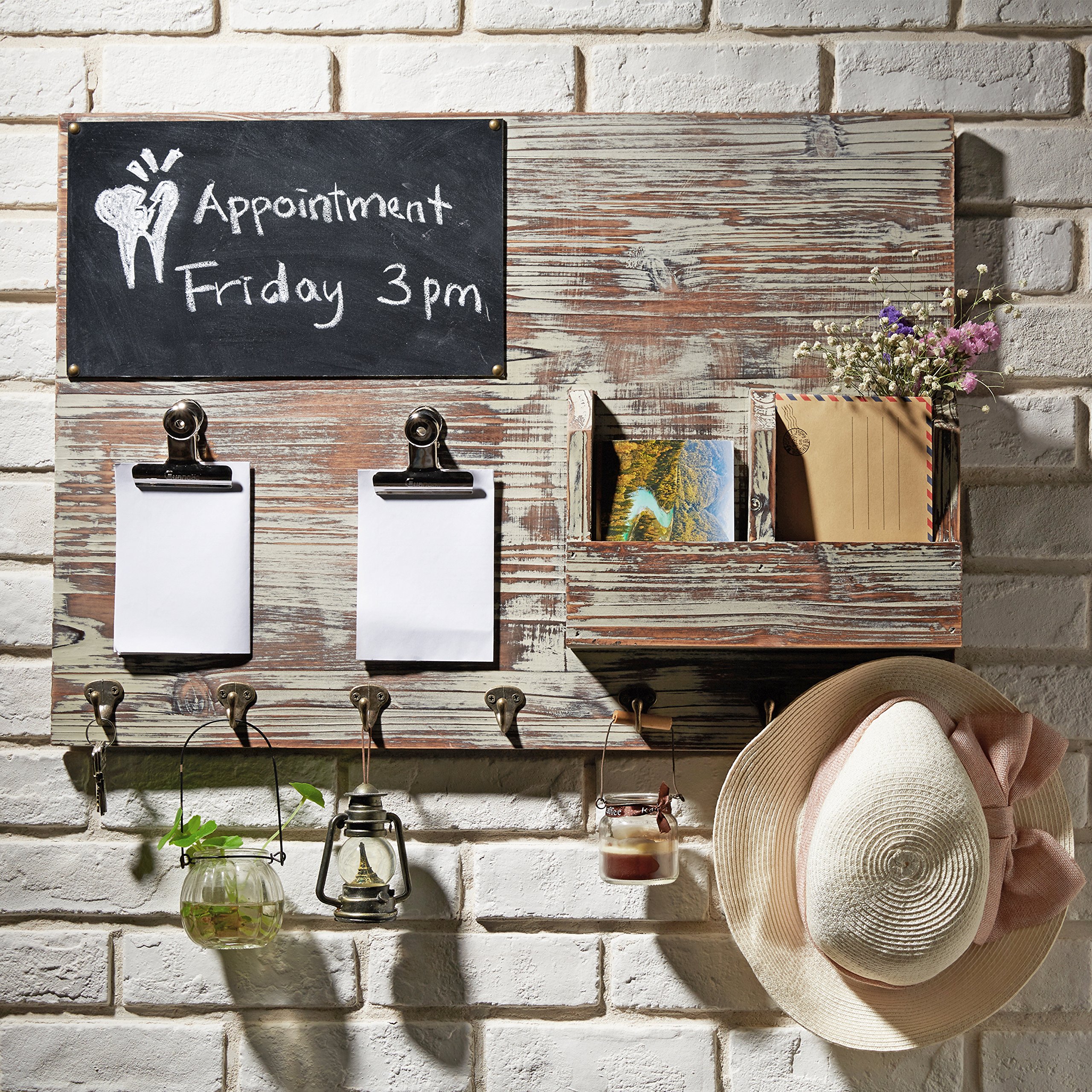 MyGift Torched Wood Wall Mounted Entryway Key Hook Rack, All-in-One Organizer with Chalkboard, Memo Clips, Mail Sorter and Hanging Hooks