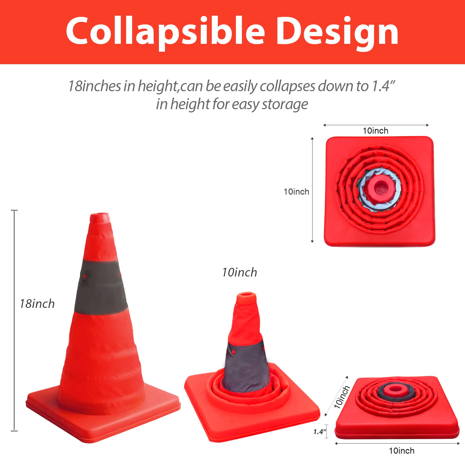 EDAUS 5 Pack Collapsible Traffic Cones, 18 Inch Orange Safety Road Parking Cones, Pop up Construction Cones with Reflective Strips and Stable Base, Perfect for Driving Training & Remind People