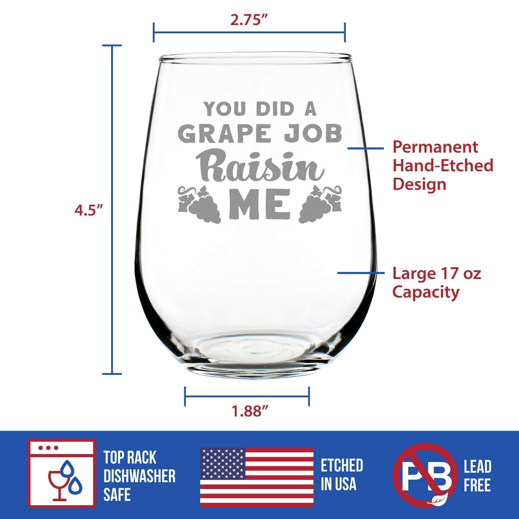 Grape Job Raisin Me - Stemless Wine Glass for Mom - Cute Funny Wine Gift Idea - Unique Personalized Glasses for Mother's Day or Birthday