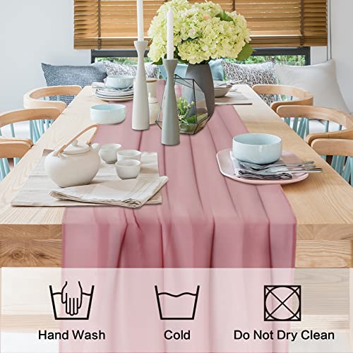 Yastouay Chiffon Table Runner 29x120 Inches Dusty Pink Romantic Wedding Table Runners 10Ft Sheer Table Linens for Bridal Baby Shower Birthday Party Cake Reception Table Decorations