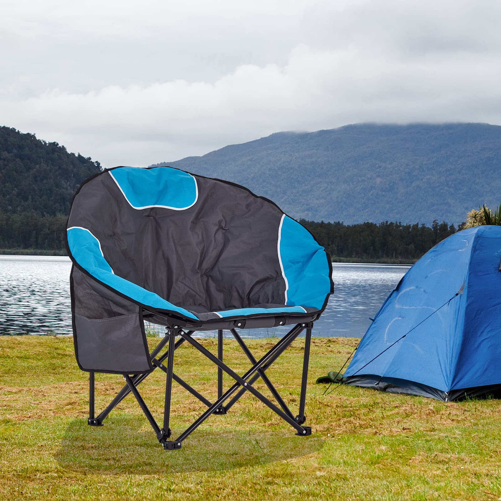 EUROSAKURA Oversized Moon Chair Folding Camping Chair Round Portable Camp Chair Comfortable Outdoor Chair (Blue)
