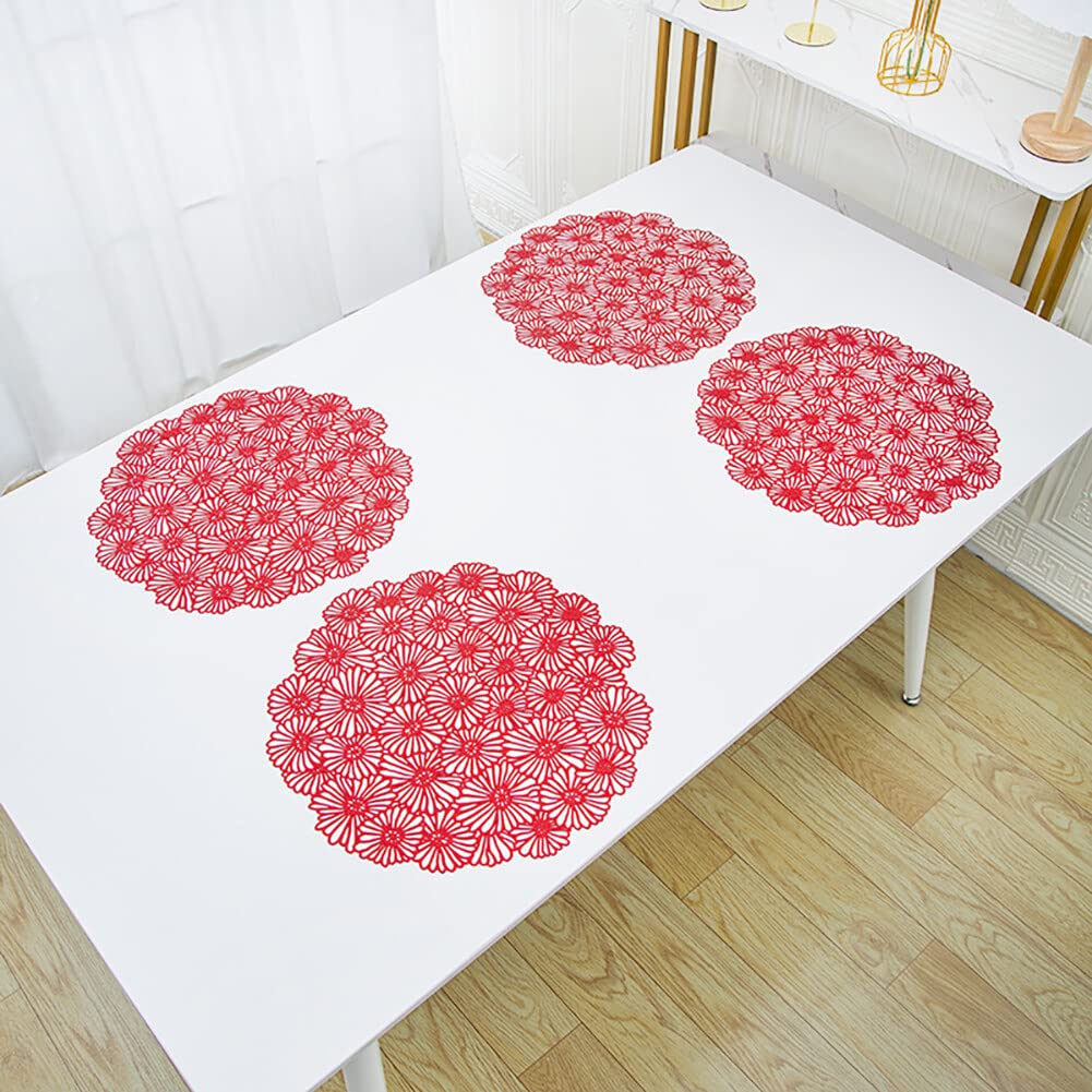 Floral Placemats Wipeable Vinyl Placemats 15 Inch Round Place Mats Farmhouse Kitchen Table Mats Heat Resistant Washable Pressed Vinyl Dining Table Mats Wedding Anniversary Decoration, Red