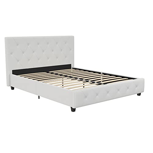 DHP Dakota Upholstered Platform Bed with Diamond Button Tufted Headboard and Footboard, No Box Spring Needed, Queen, White Faux Leather