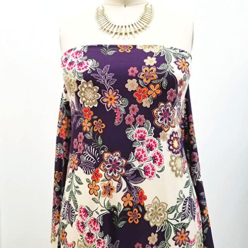 Texco Inc Floral Ethnic Design Printed DTY 92% Polyester 8% Spandex Double-Sided Brushed, Eggplant Gold 3 Yards