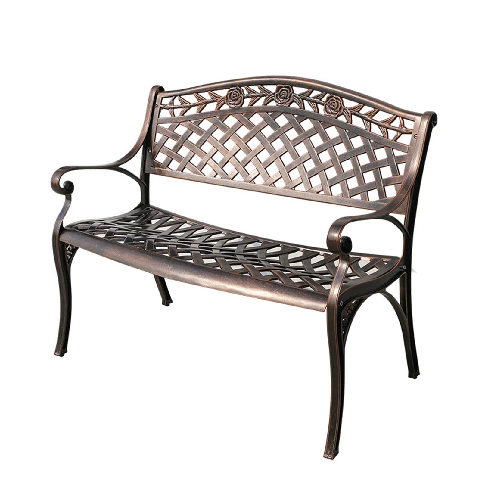 Outdoor Park Bench in Cast Aluminum, Garden Bench w/Rose Back and Armrests, Weatherproof, Loveseat for Patio Porch Deck Yard Lawn, 881lb Capacity, 100×60×86cm (Color : Brass, Size : 100x60x86cm)
