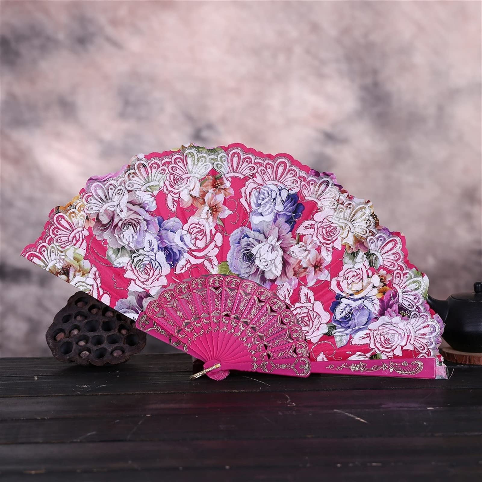 DUO ER Chinese Style Hand Held Folding Dance Fan Wedding Party Lace Folding Hand Held Flower Fan Summer Wedding Fan Party (Color : Blue)