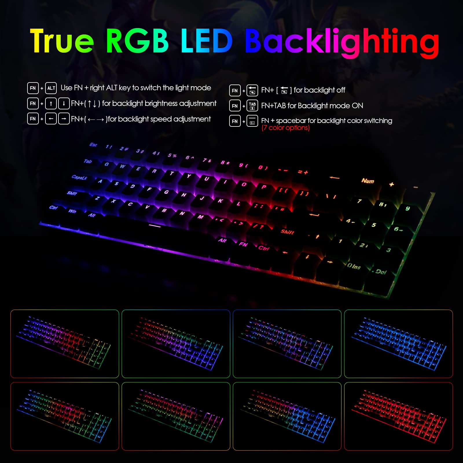 HUO JI K688 Compact Mechanical Gaming Keyboard with Number Pad, Programmable True RGB Backlit, Hot Swappable Blue Switches, Pro Driver/Software Supported, for PC/Computer/Laptop, White and Blue