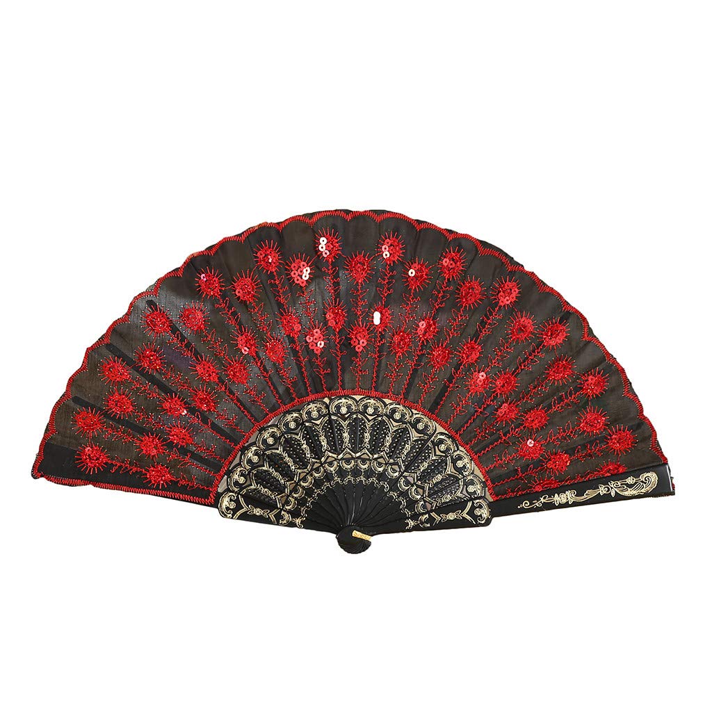 Folding Flower Hand Chinese Dance Wedding Silk Fan Style Lace Party Held Fans 6 Clip Fan Oscillating (Red-`, One Size)